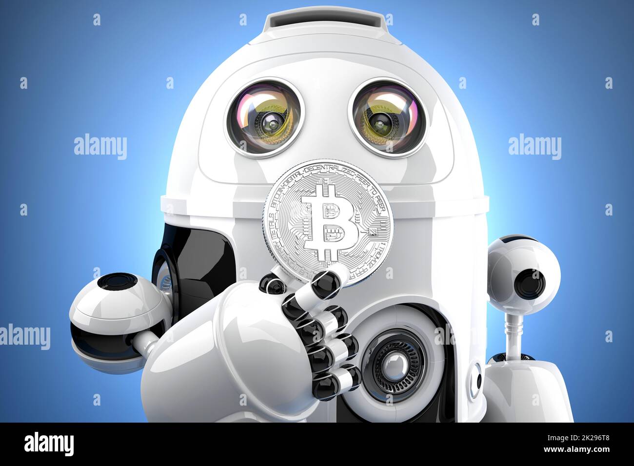 Robot looking at bitcoin coin in his hands. 3D illustration. Contains ...