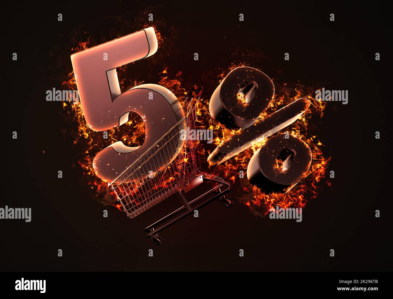 Burning shopping cart and red Five percent discount sign. 3D ...