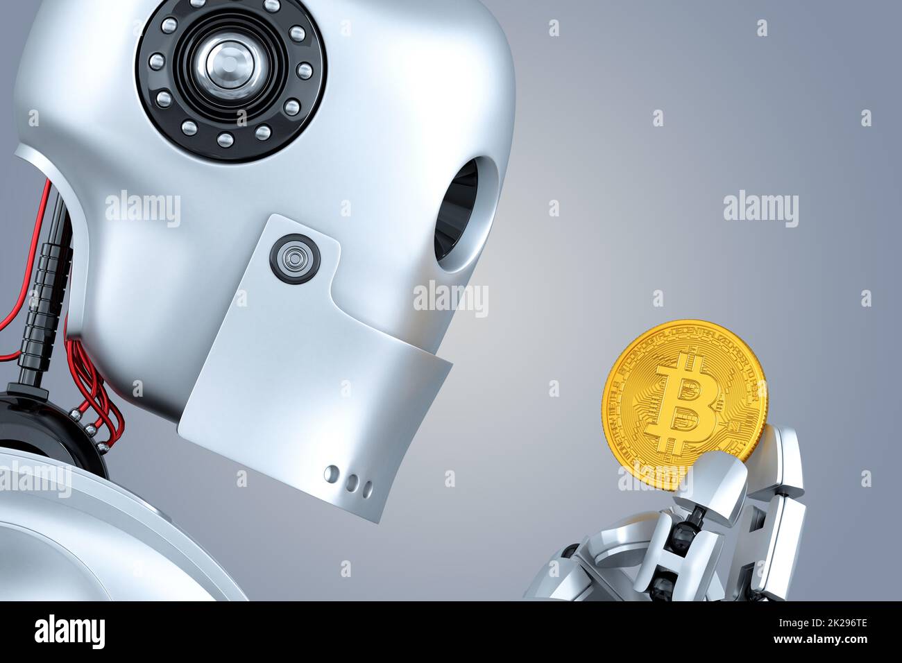 Robot looking at bitcoin coin in his hands. 3D illustration. Contains ...