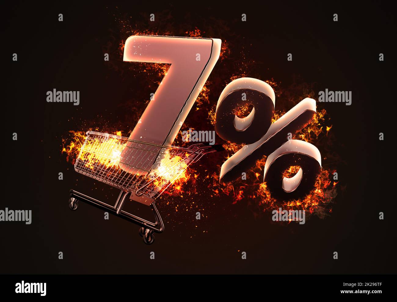 Burning shopping cart and red Seven percent discount sign. 3D ...