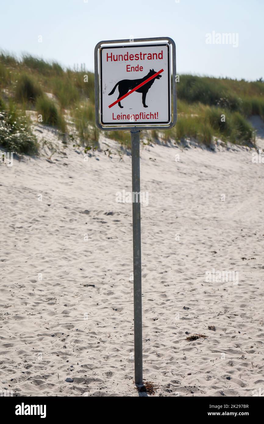 On the beach, dog beach on the Baltic Sea is a sign which marks the ...