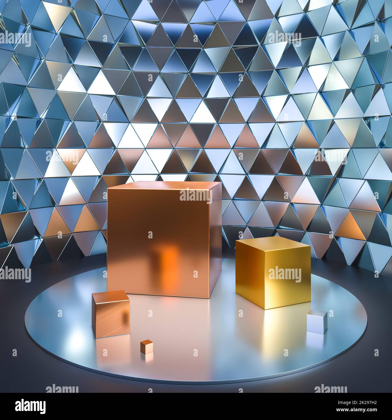 background with geometric designs and cubes of different metals and ...