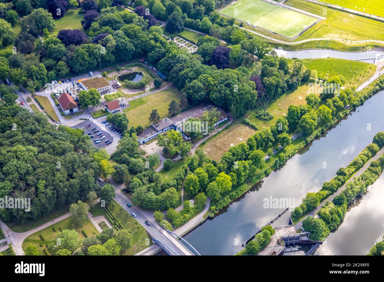 Aerial view, Altes Fährhaus Hamm and Riversidde Stage Park, Uentrop ...