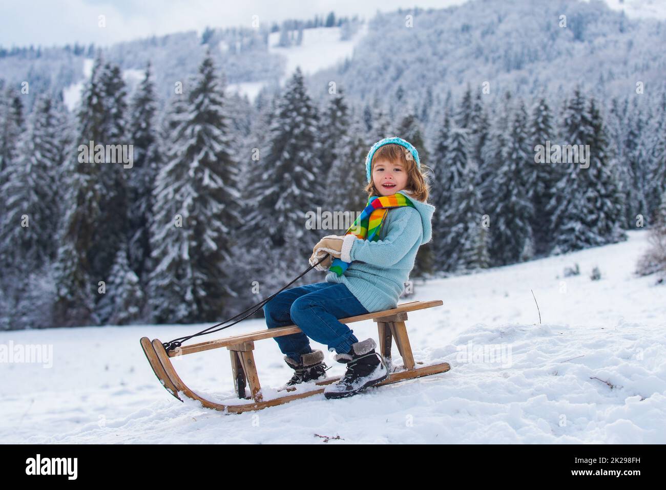 Boy sledding on winter mountain, enjoying a sledge ride in a beautiful ...