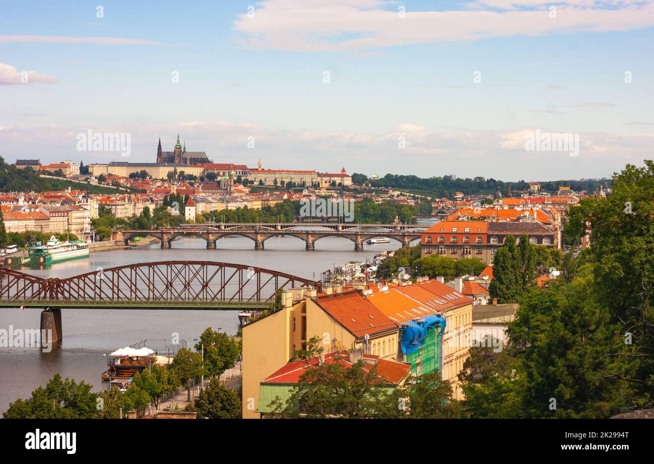 Prague castle and St Vitus Cathedral in distance. Panorama view of ...