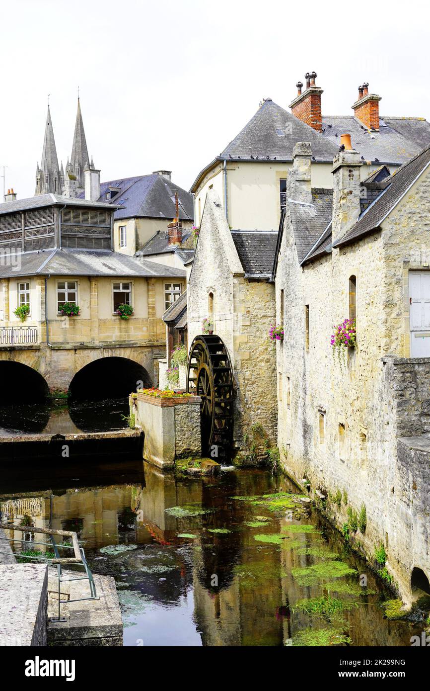 Water mill on the Aure river in Bayeux, Normandy, France Stock Photo ...