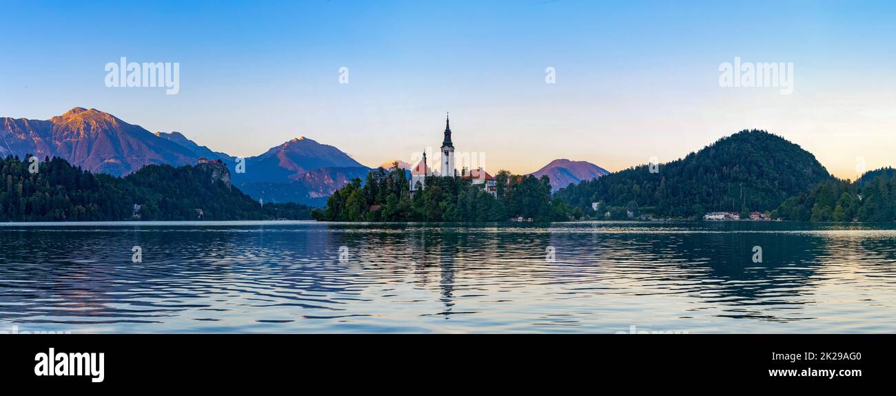Lake Bled Sunset Panorama Stock Photo - Alamy