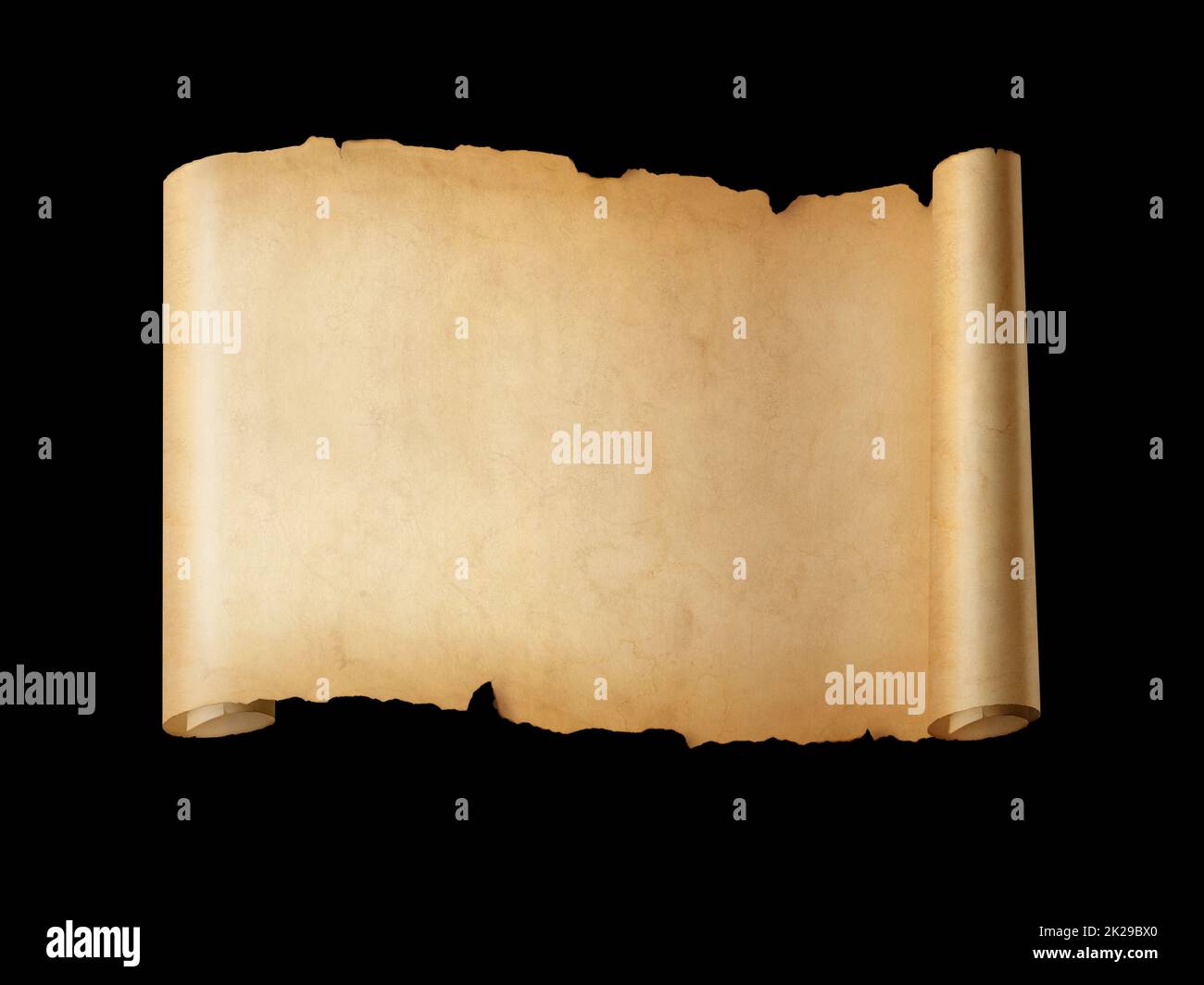 Old mediaeval paper sheet. Horizontal parchment scroll isolated on ...