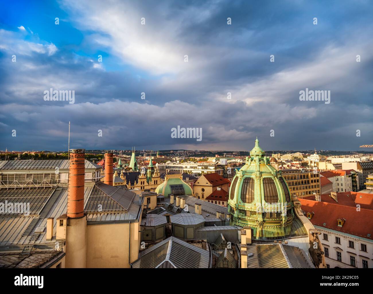 Prague rooftops and Obecni Dum (Municipal House), view from Poder Tower ...