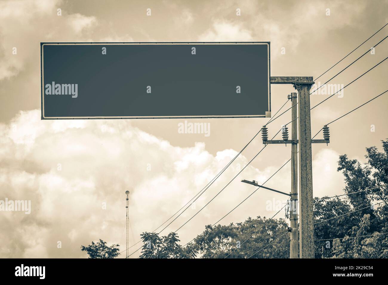 Directional green blank empty road sign in Tulum Mexico Stock Photo - Alamy