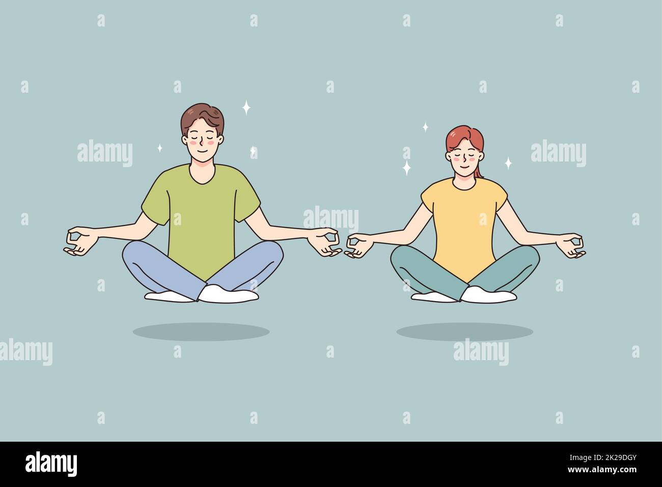 Calm man and woman meditate in lotus position Stock Photo - Alamy