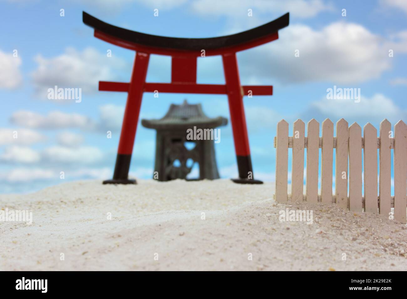 Torii Gate and Temple on Beach With Blue Sky Stock Photo - Alamy