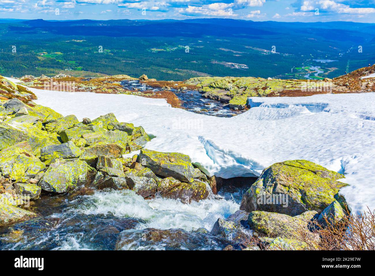 Hydalen panorama view from top of Hydnefossen waterfall Norway Hemsedal ...