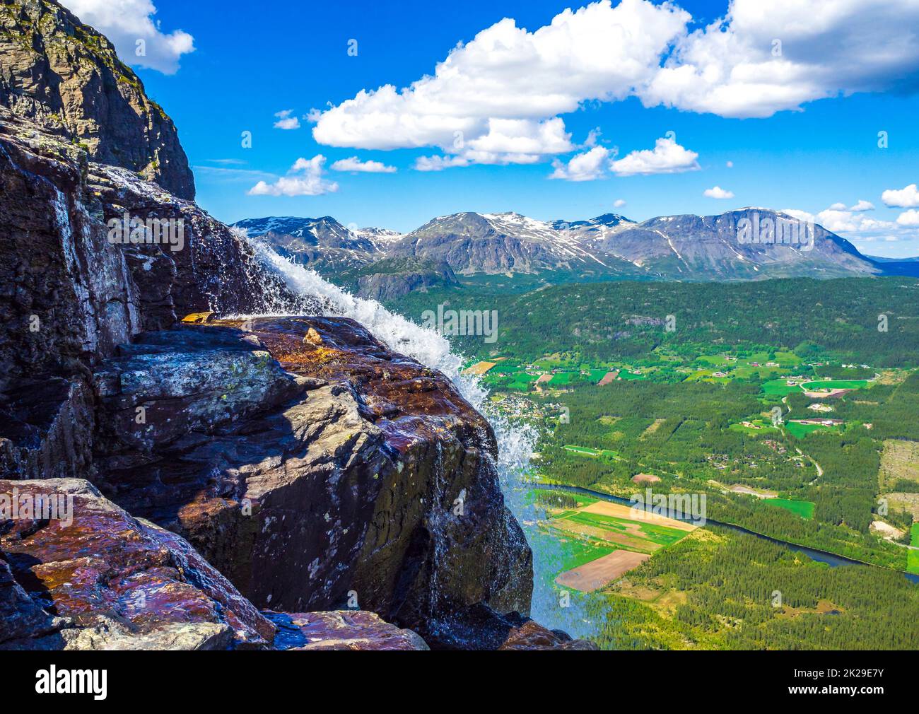 Hydalen panorama view from top of Hydnefossen waterfall Norway Hemsedal ...