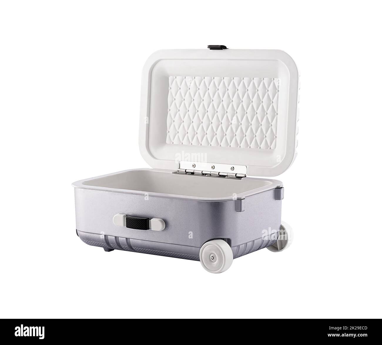 Open gray plastic suitcase isolated Stock Photo - Alamy