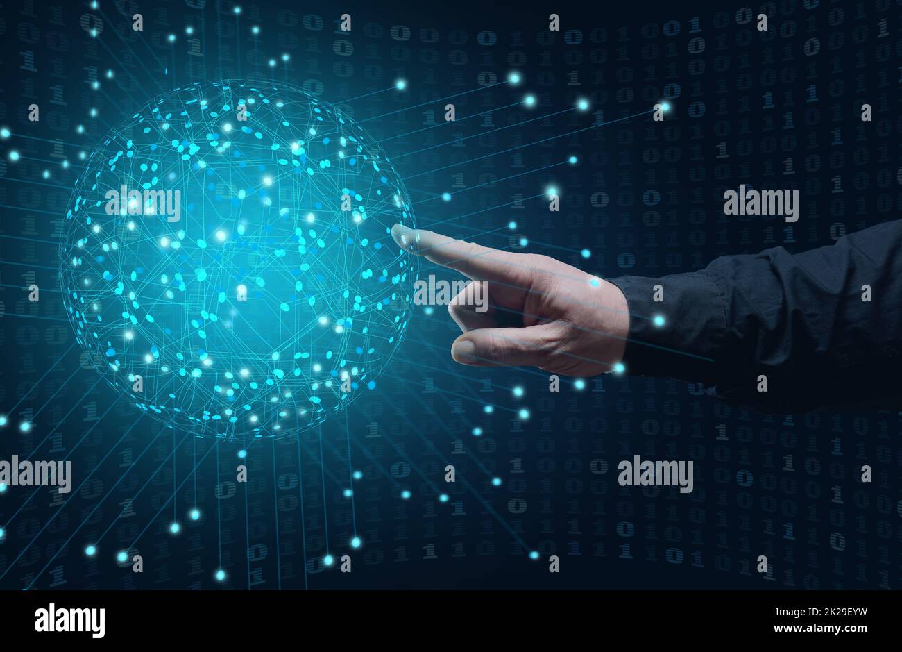 male hand touches the global virtual network of the globe. Information ...