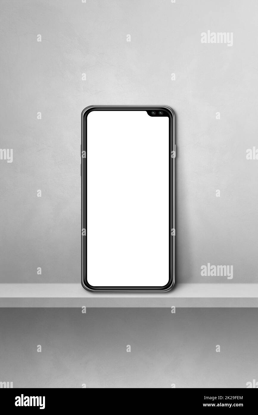 Mobile phone on grey wall shelf. Vertical background Stock Photo - Alamy
