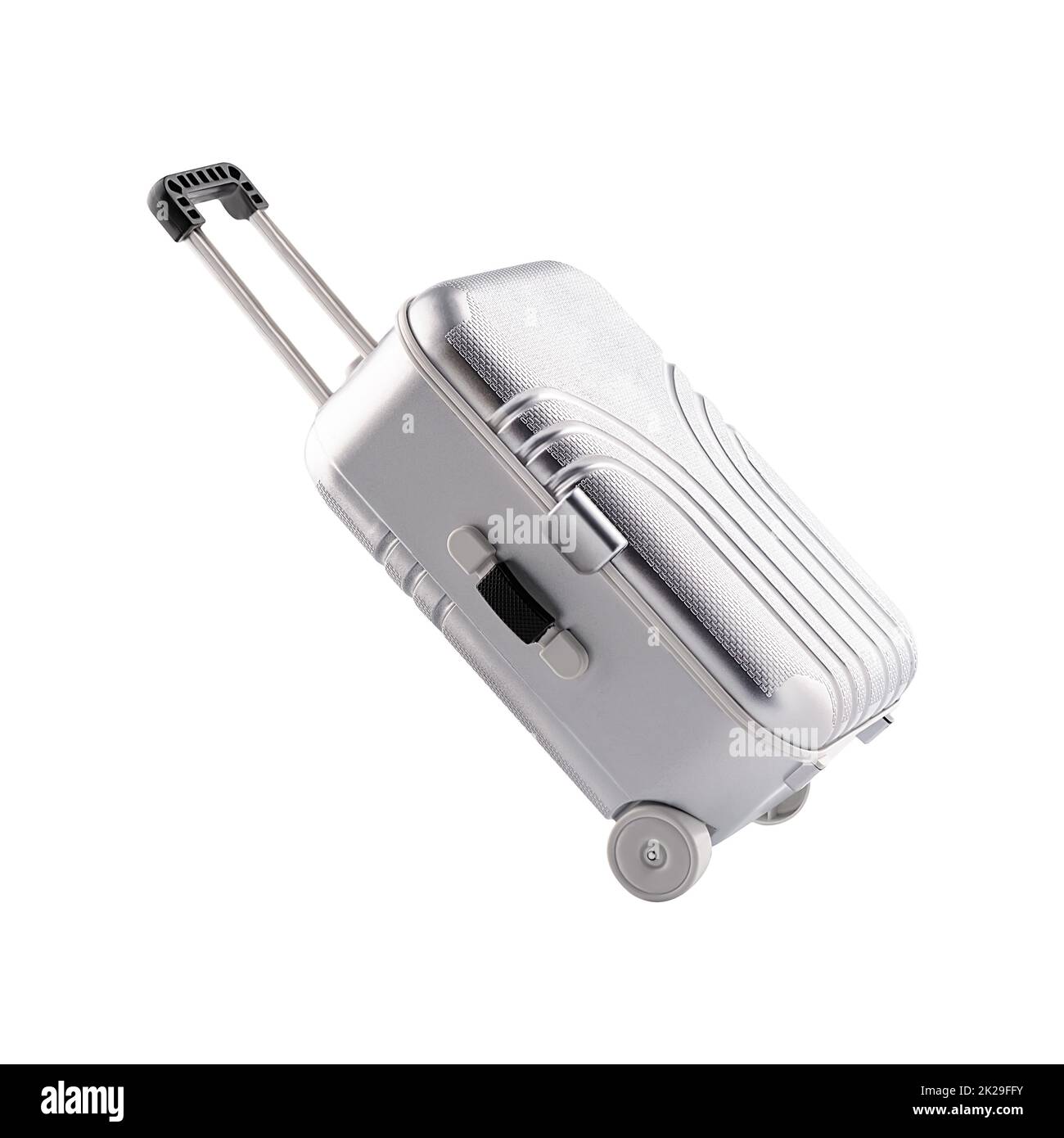 Gray plastic suitcase on wheels in transport inclined position isolated ...