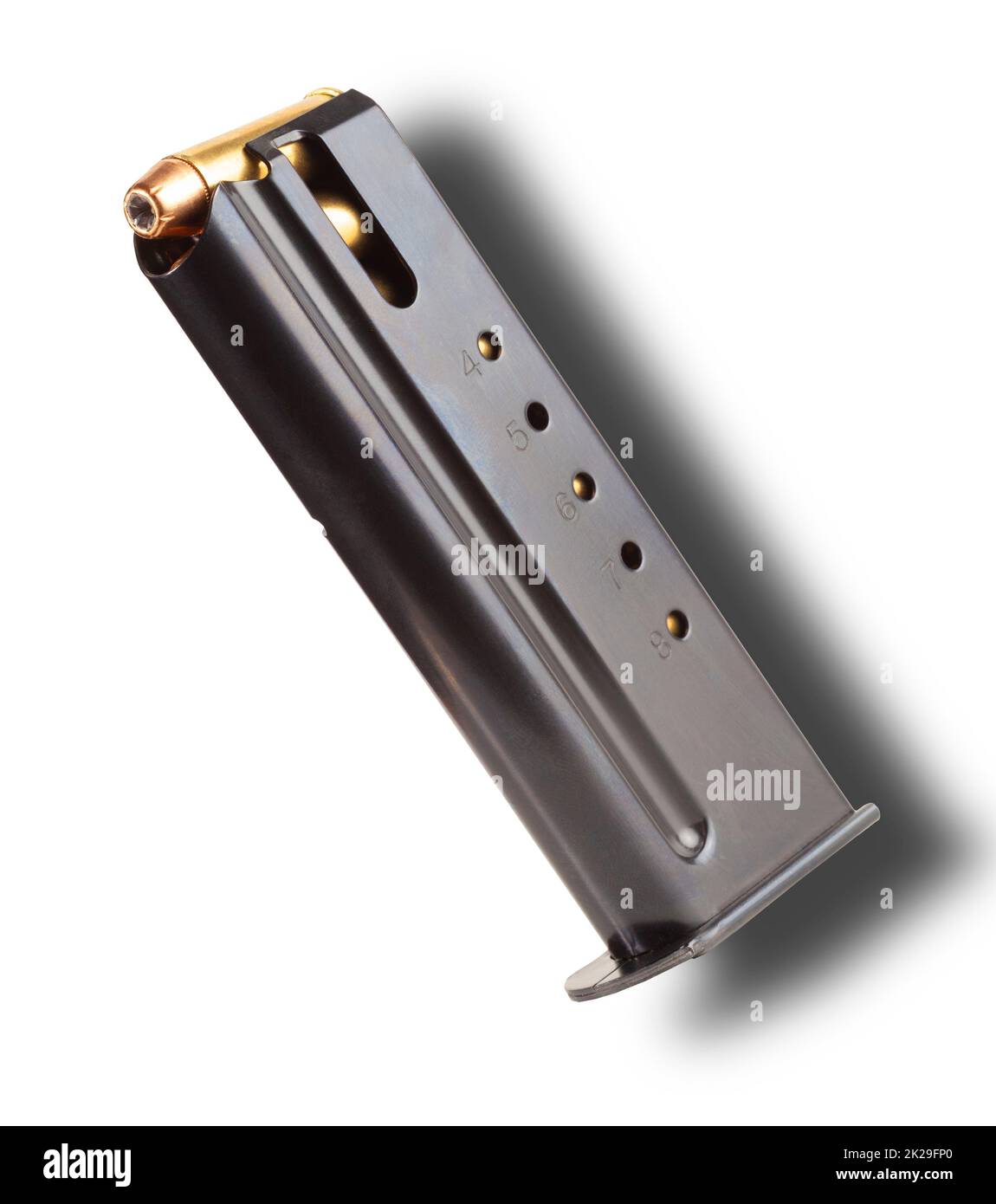 Handgun magazine filled with hollow point bullet on white with shadow ...