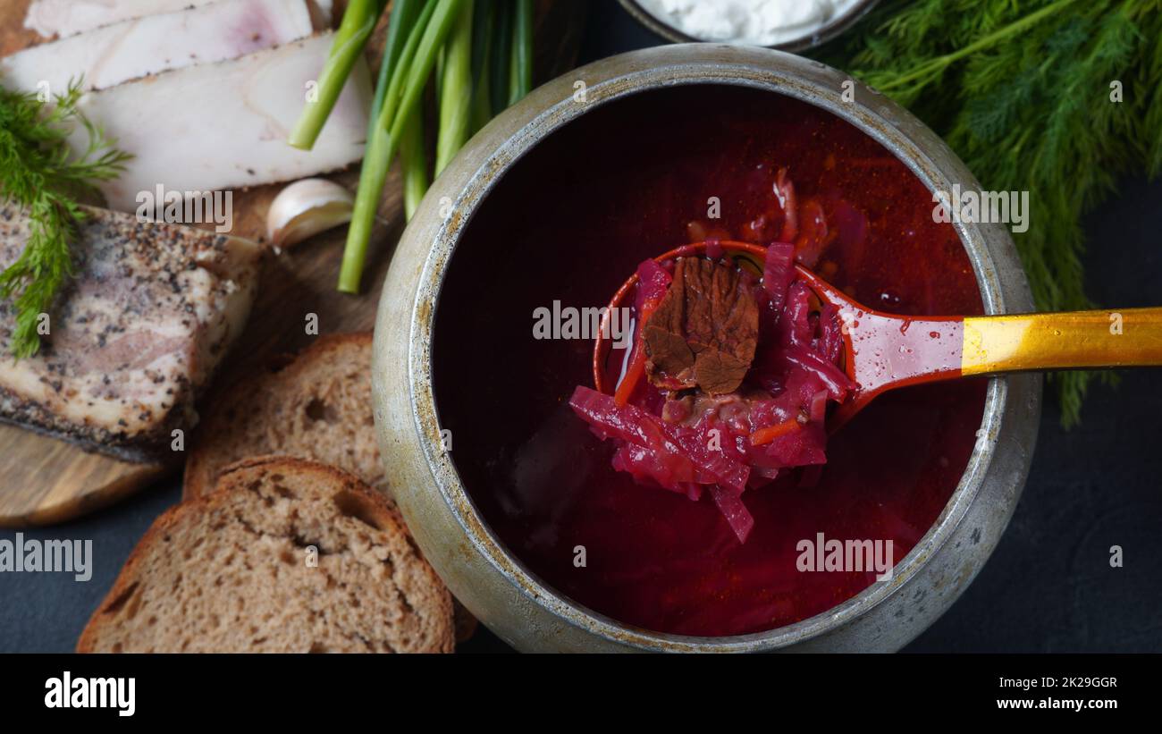 Traditional Ukrainian Russian borscht . Bowl of red beet root soup ...