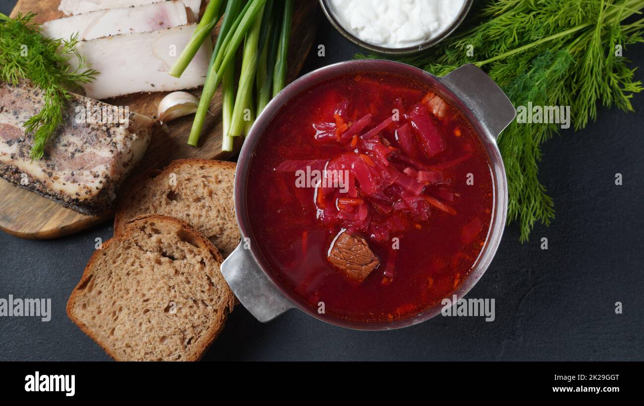 Traditional Ukrainian Russian borscht . Bowl of red beet root soup ...