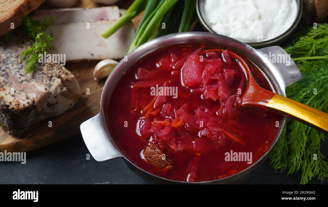 Traditional Ukrainian Russian borscht . Bowl of red beet root soup ...