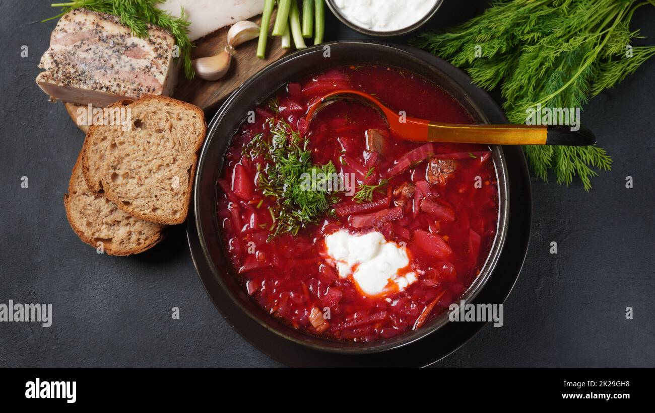 Traditional Ukrainian Russian Borscht Bowl Of Red Beet Root Soup Borsch With White Cream