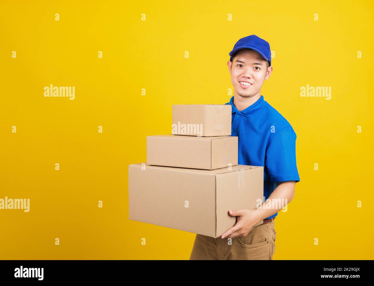 Portrait Excited Attractive Delivery Happy Man Logistic Standing He