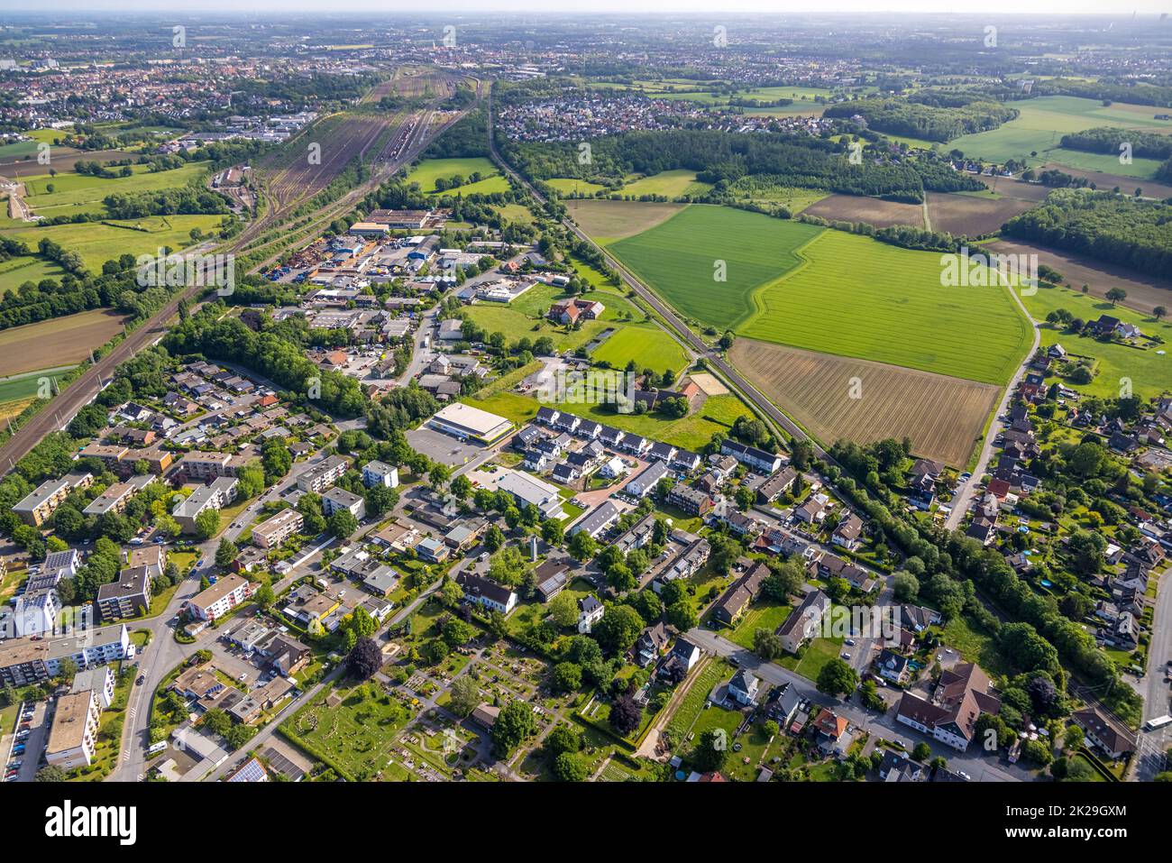 Aerial view, town view Pelkum with new housing estate, Weetfelder ...