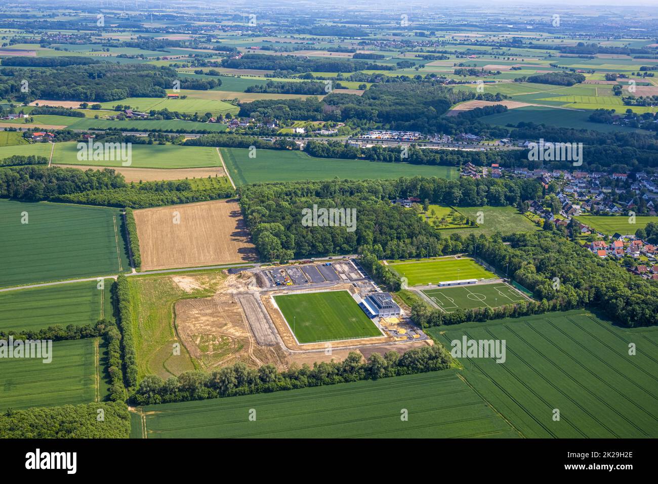 Aerial view, construction site and new building Westfalia Sportpark ...