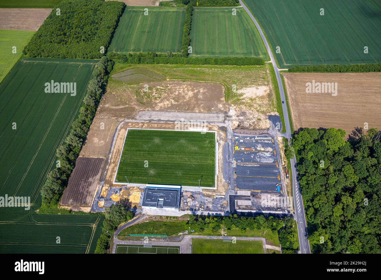 Aerial view, construction site and new building Westfalia Sportpark ...