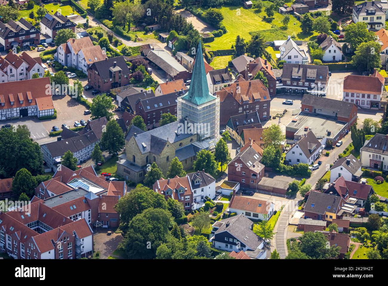 Aerial view, steeple renovation of the catholic church St. Regina ...