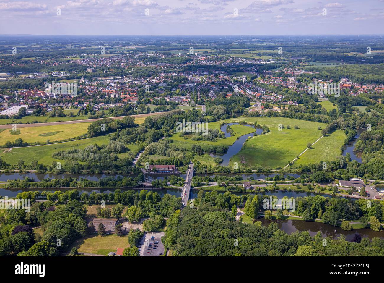 Aerial view, mill ditch and bridge Fährstraße over Datteln-Hamm canal ...