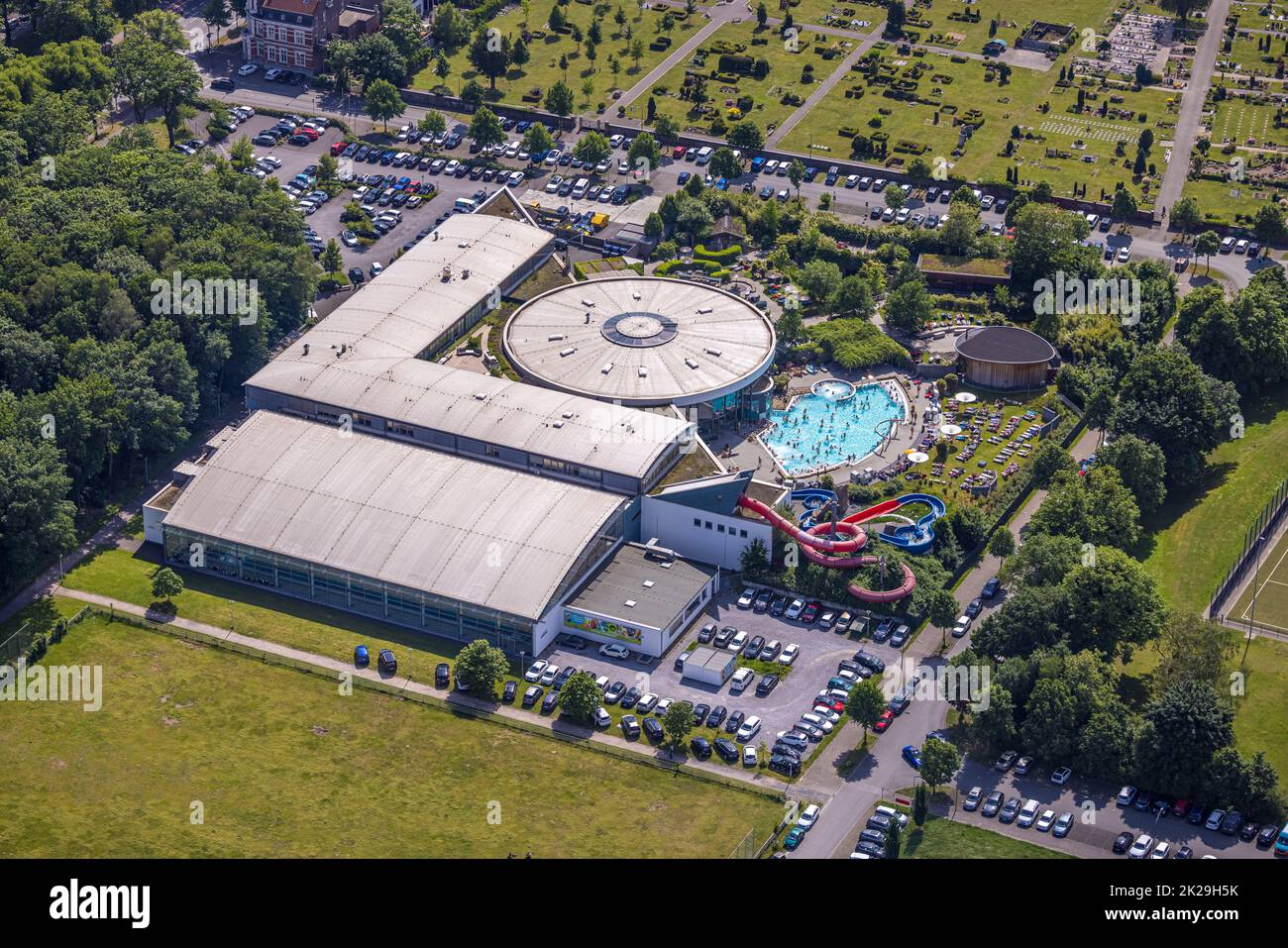 Aerial view, Maximare Erlebnistherme Bad Hamm, center, Hamm, Ruhr area ...