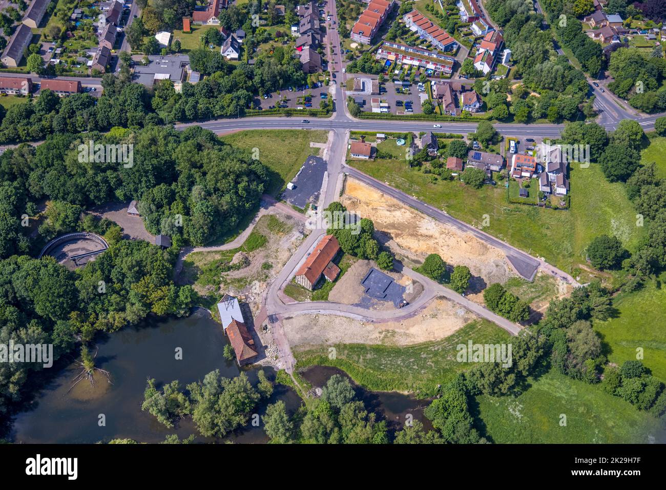 Aerial view, construction site and renovation of the castle mill at the ...