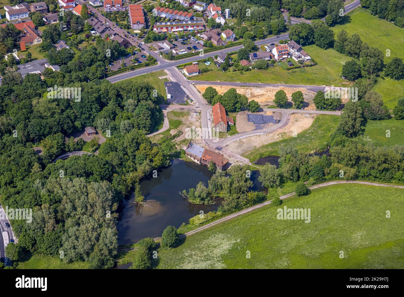 Aerial view, construction site and renovation of the castle mill at the ...