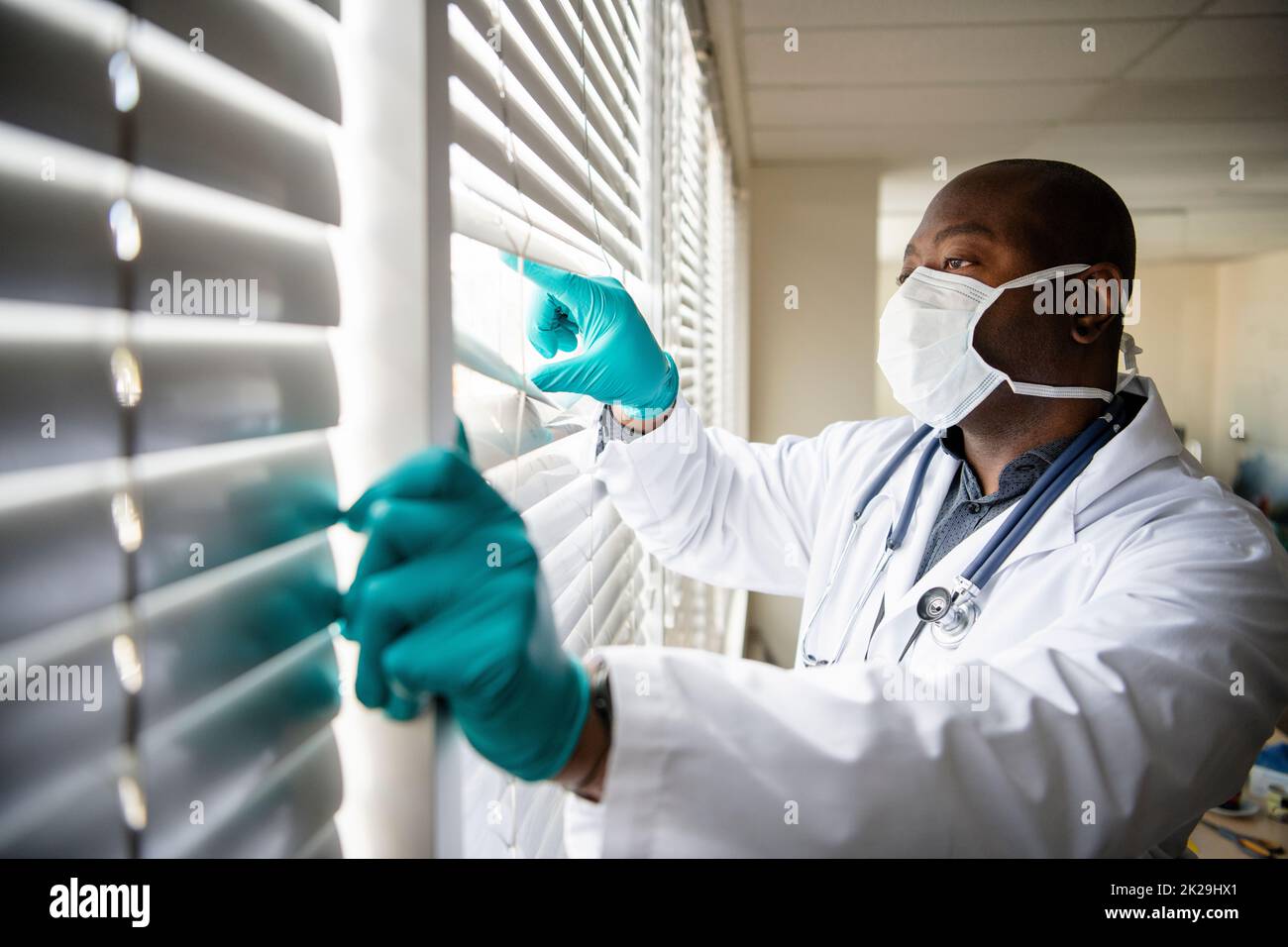 Medical researcher with face mask peeking through window blinds Stock ...