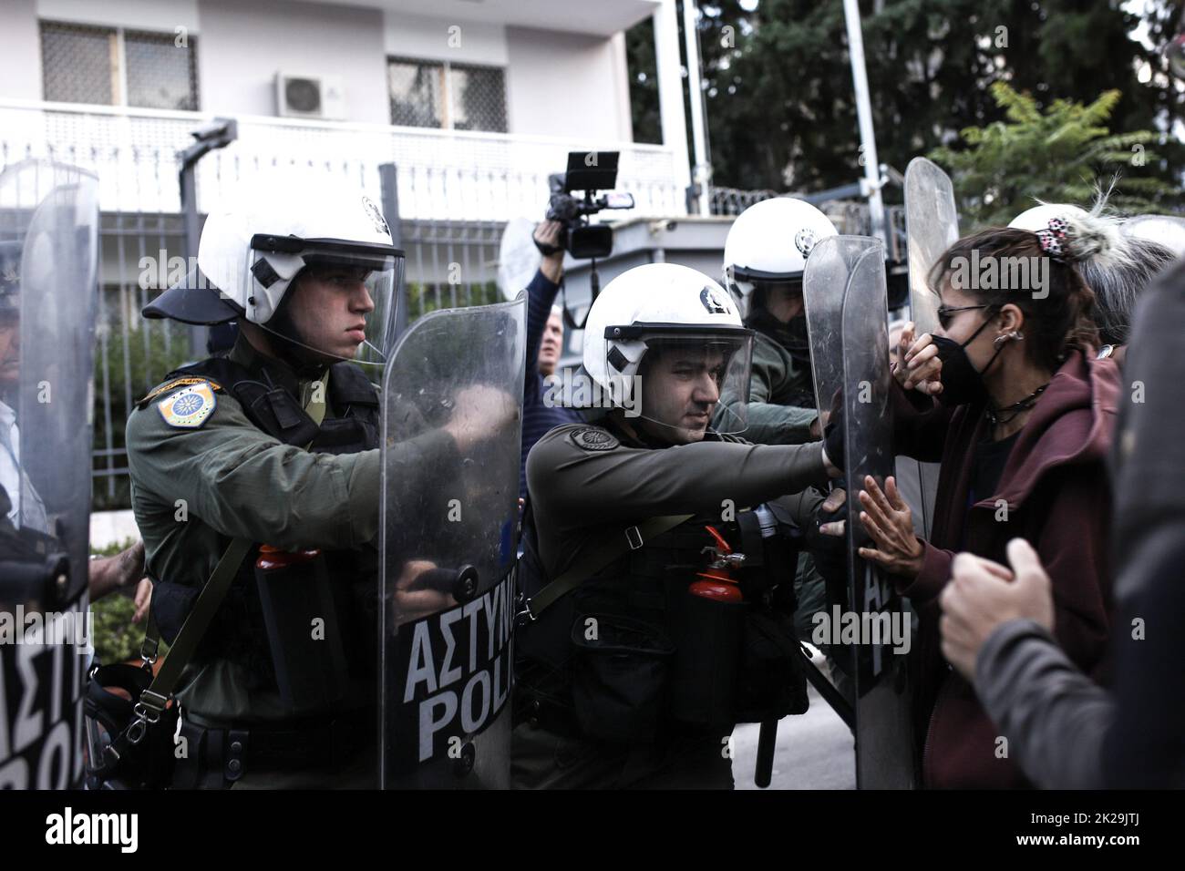 Athens, Greece. 22nd Sep, 2022. Greek riot police push back protesters ...