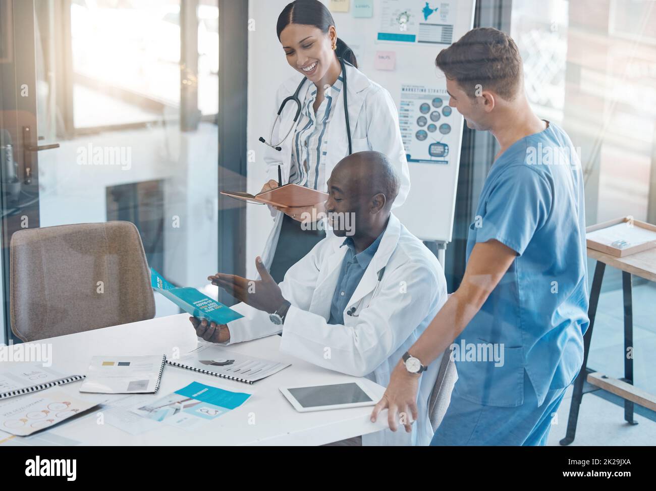 Teamwork, innovation and doctors collaboration in meeting in conference ...