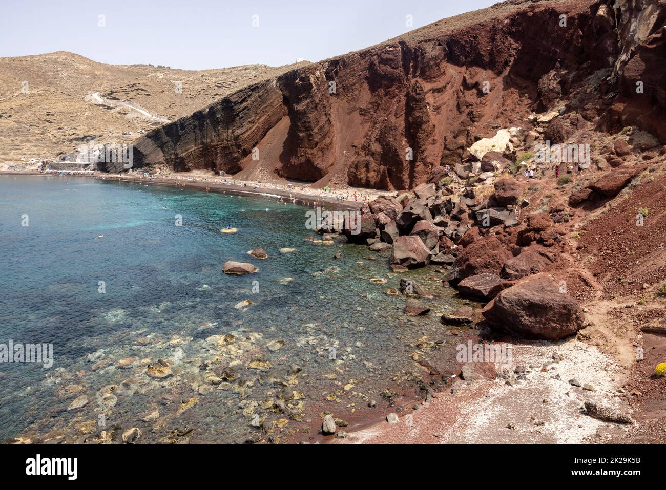 The famous Red beach on the south coast of Santorini island, Cyclades ...