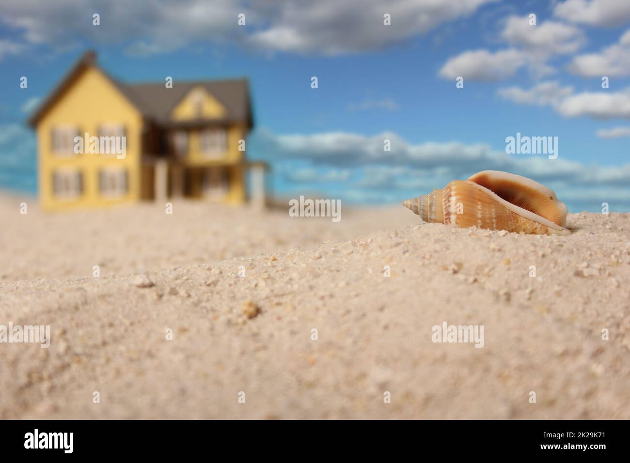 Sea Shell and Beach House on Sand, Shallow DOF Stock Photo - Alamy