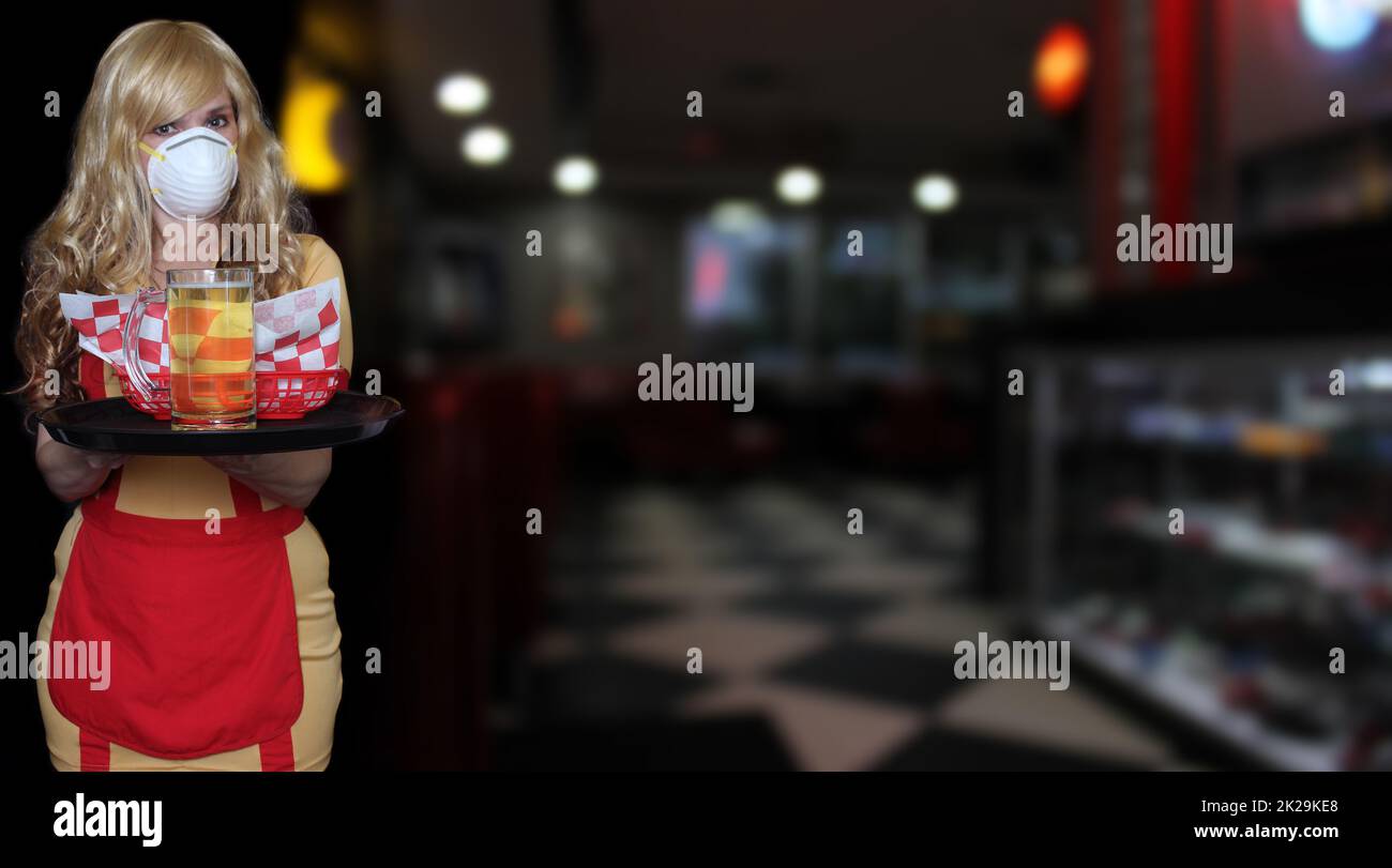 Waitress With Face Mask and Restaurant Background Stock Photo - Alamy