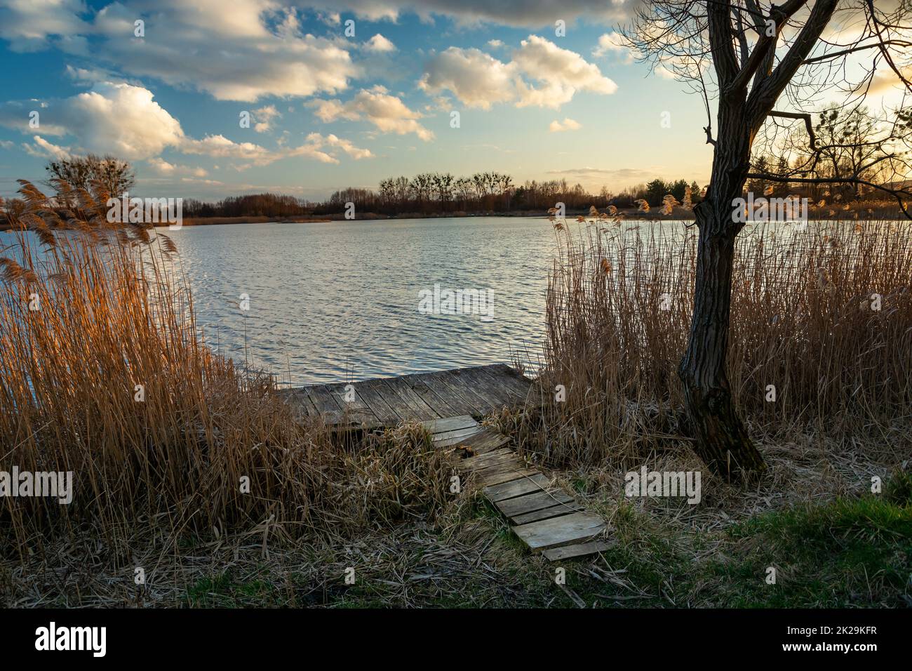 Calm spring lake wooden pier hi-res stock photography and images - Alamy