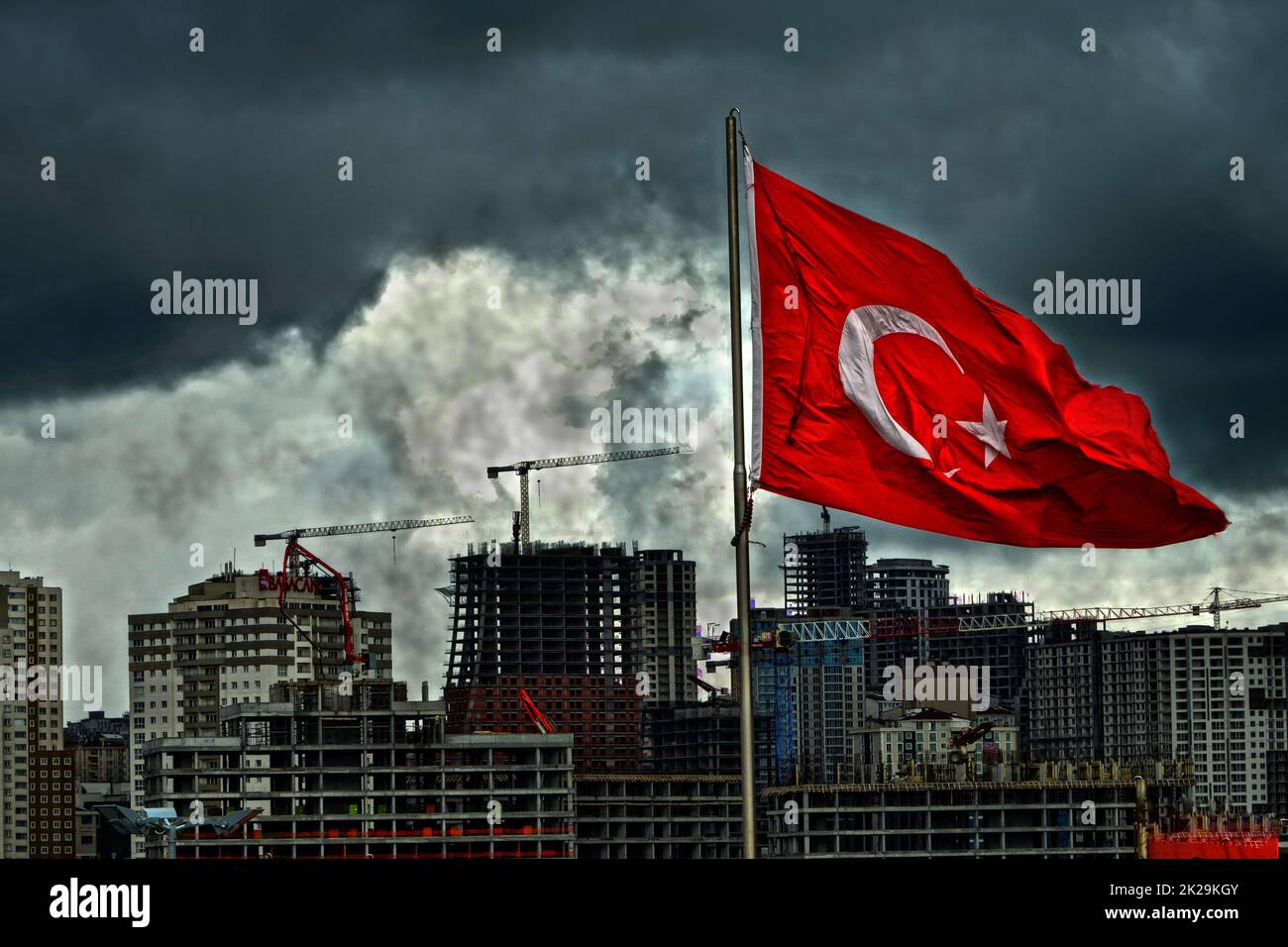 turkey turkish flag waving in front of construction site in istanbul ...