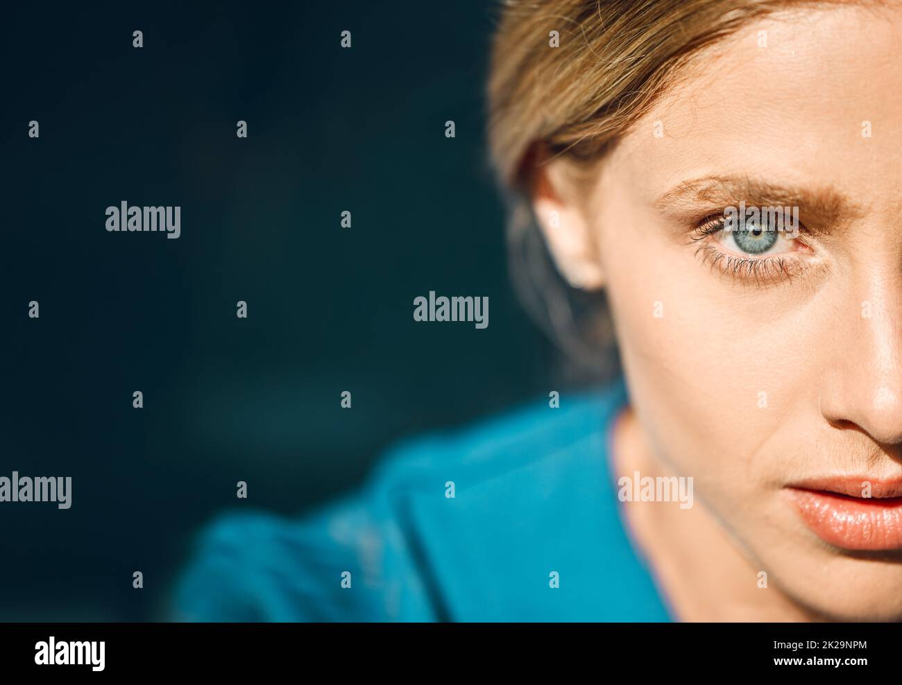 Blue eyes, woman or face with vision, innovation idea or planning in ...