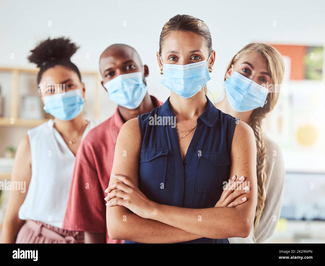 Covid business people, team portrait and staff with face mask for ...