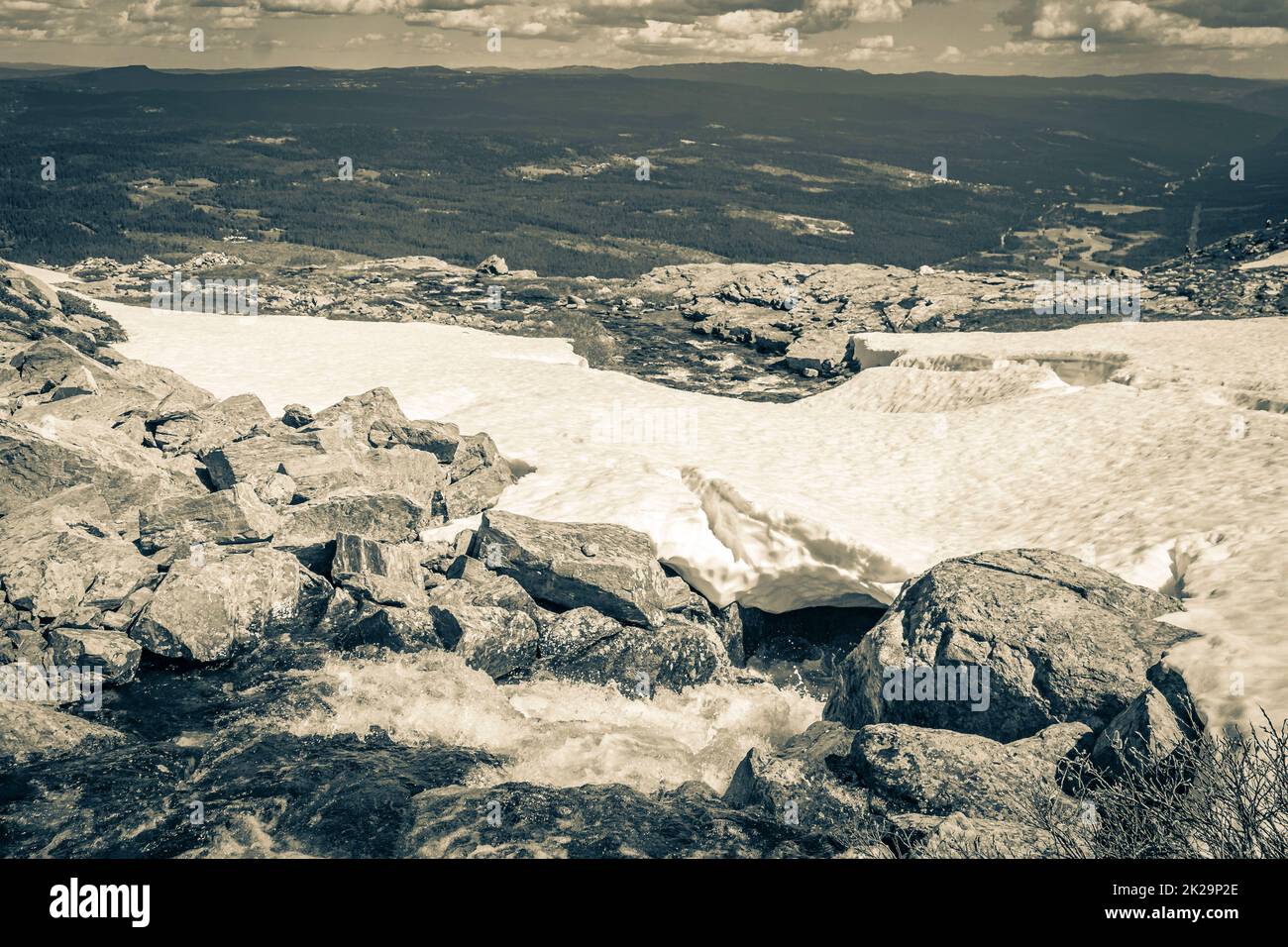 Hydalen panorama view from top of Hydnefossen waterfall Norway Hemsedal ...