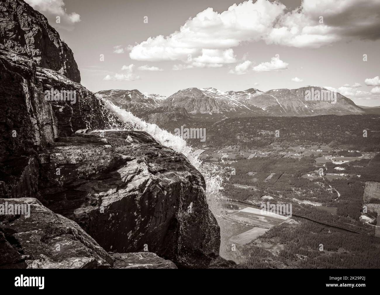Hydalen panorama view from top of Hydnefossen waterfall Norway Hemsedal ...