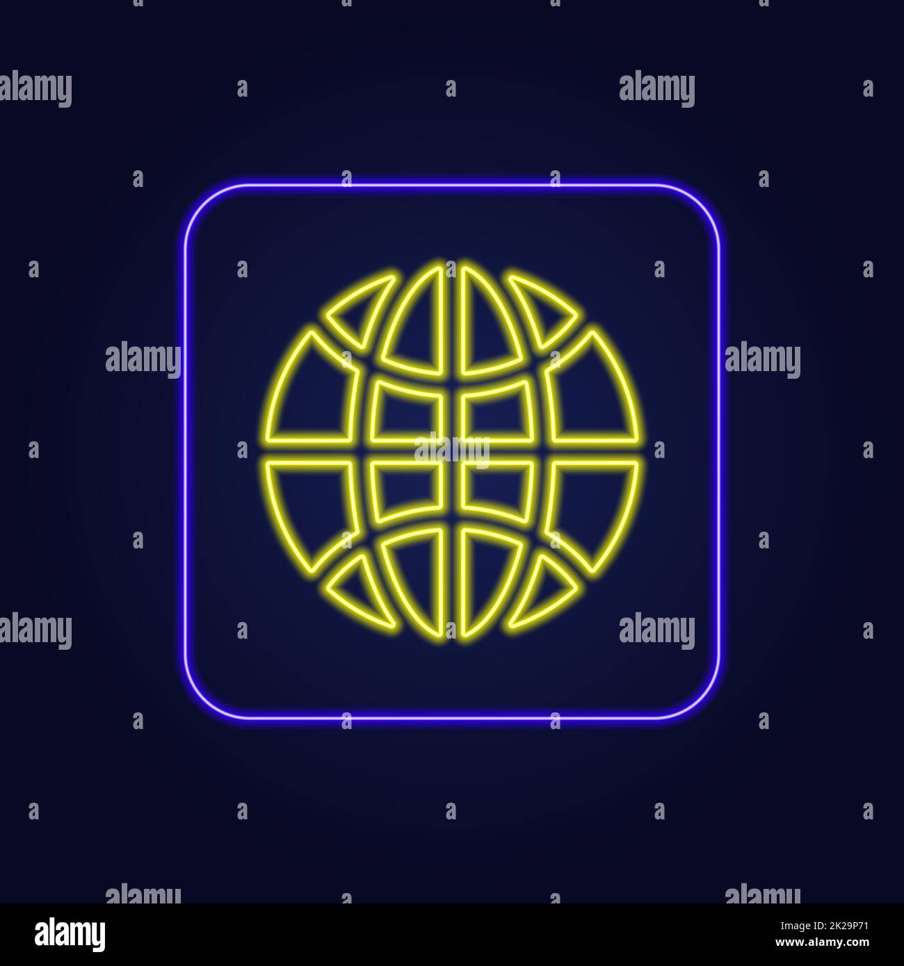 Stylish yellow neon icon in a blue frame in the form of a globe ...