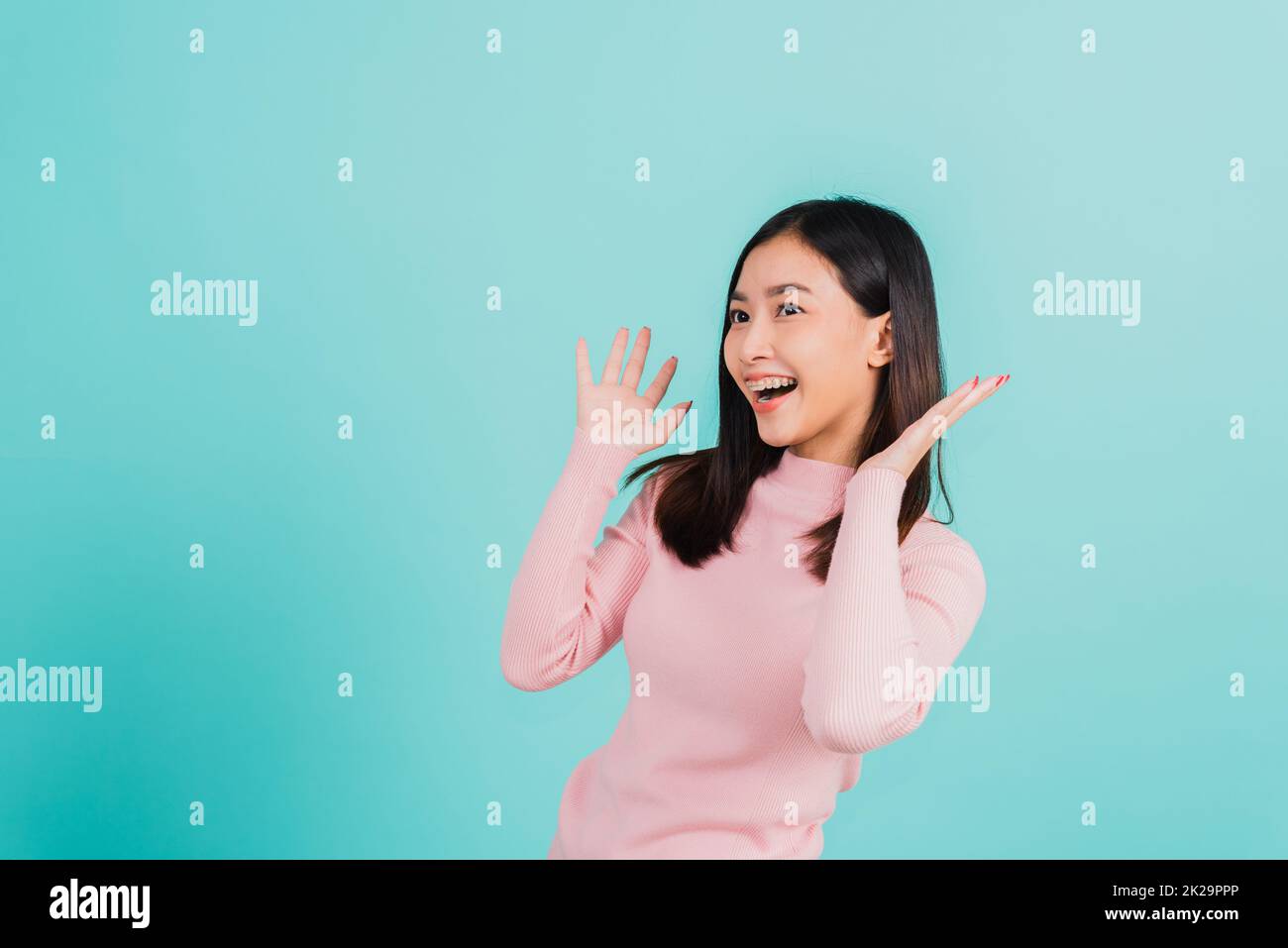 Happy young Asian beautiful woman smiling wear silicone orthodontic ...